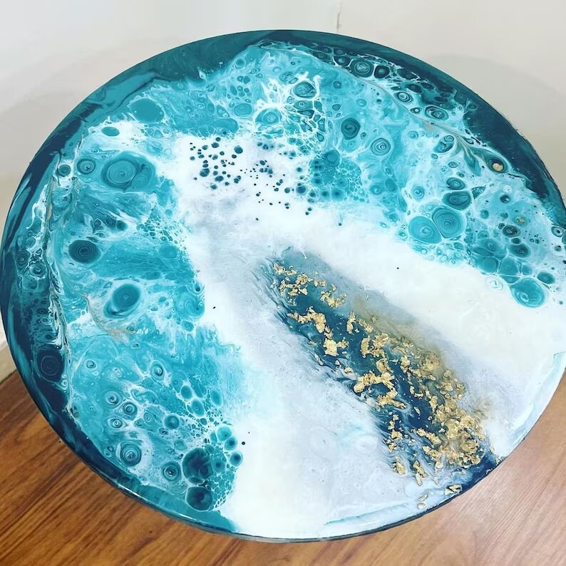 Custom Round Coffee Table Top With Blue Ocean Wave Handmade Center ...