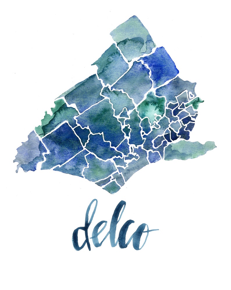 Delaware County Watercolor Map Art Print: Delco Pennsylvania - Etsy
