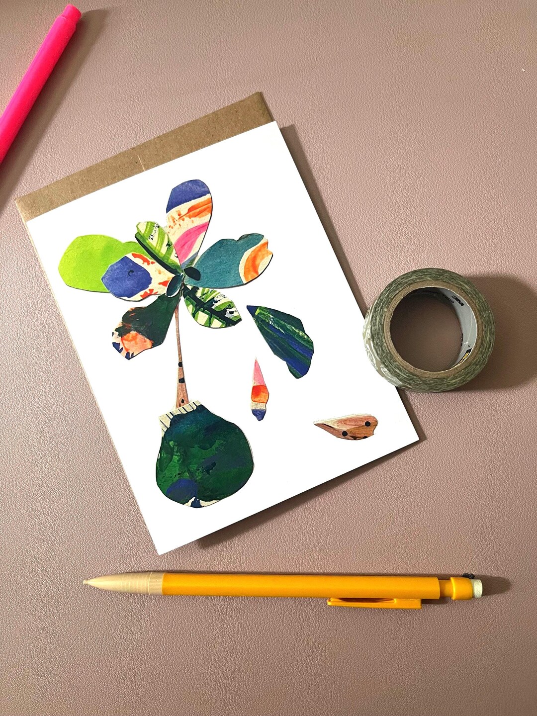 Abstract Fiddle Leaf Fig Card, Collage Card, House Plant Card, Blank ...