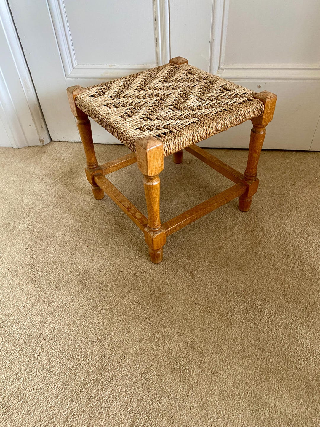 Vintage 1980s 1990s Square Solid Wood/golden Oak Woven/string/sisal ...