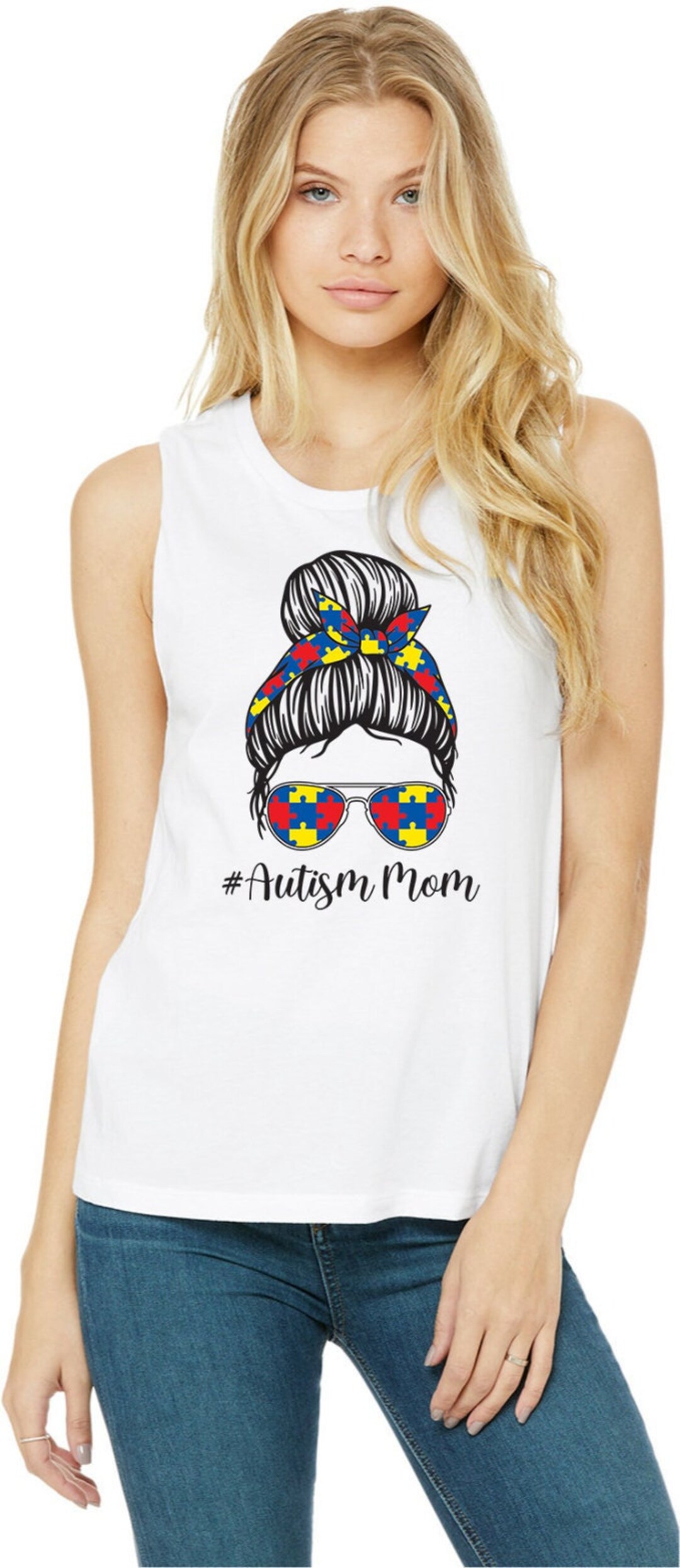 Messy Mom Bun Autism Mom Ladies White Muscle Tank Top 24615HD4-B6003 - Etsy