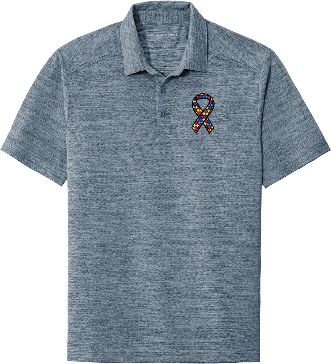 Autism Awareness Ribbon Chest Print Men's Stretch Heather Polo Shirt ...