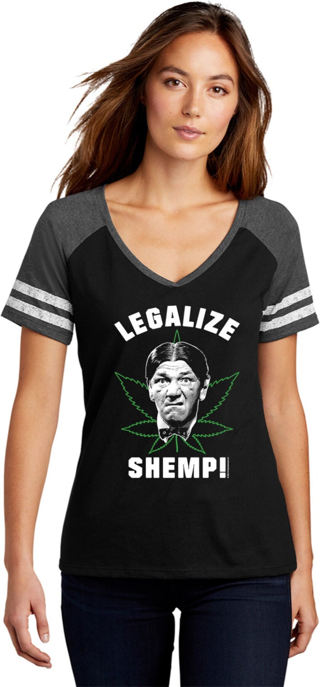The Three Stooges Legalize Shemp Women’s Black/charcoal Game V-neck Tee ...