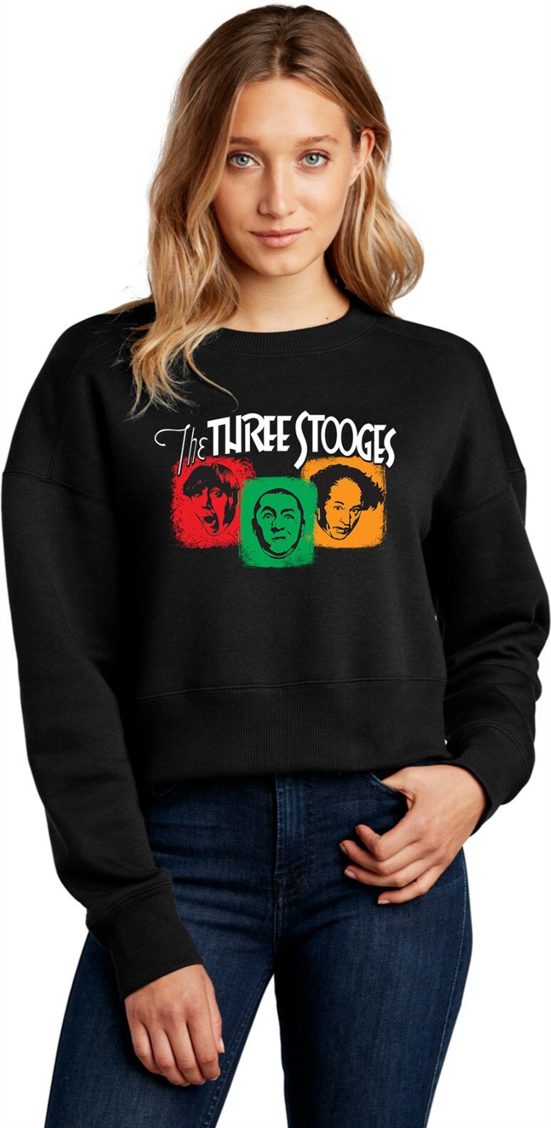 The Three Stooges Colorblock Faces Ladies Black Perfect Fleece Cropped ...