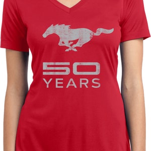 Ladies Ford Mustang 50 Years Moisture Wicking V-neck T-shirt 19241E1 ...