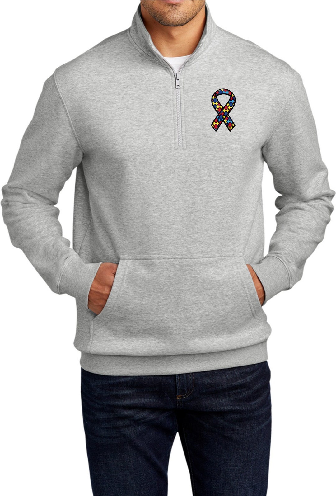 Autism Awareness Ribbon Chest Print Fleece 1/4 Zip Sweatshirt AUTRIB-PP ...