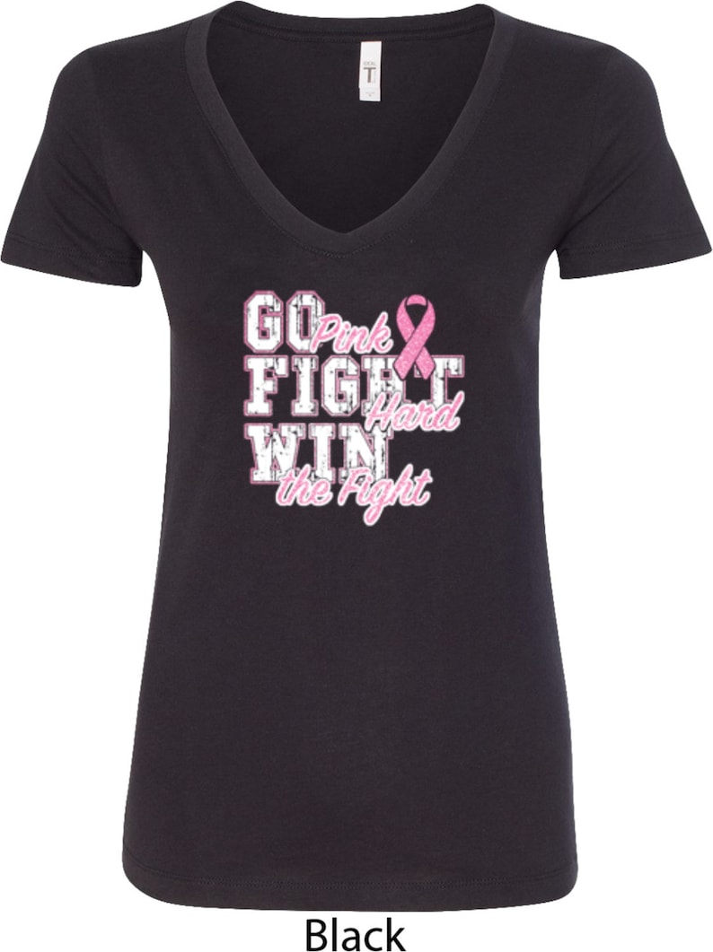 Go Pink Fight Hard Win the Fight Ladies Breast Cancer Awareness V-neck ...
