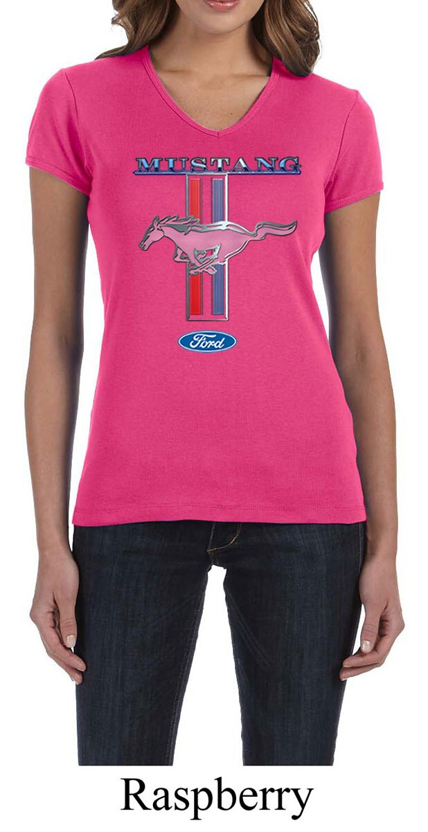 Ladies Ford Mustang Shirt Mustang Stripe V-neck Tee T-shirt 13732D1 ...