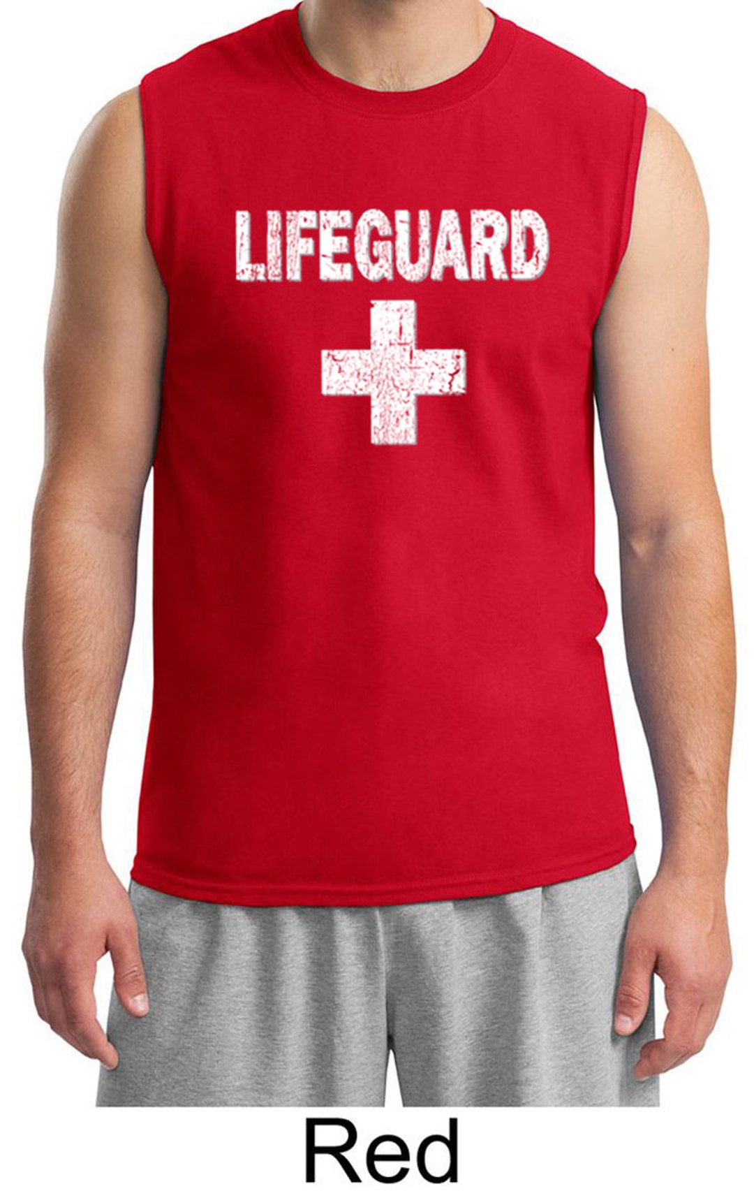 Men's Distressed Lifeguard Sleeveless Muscle Tee T-shirt ...