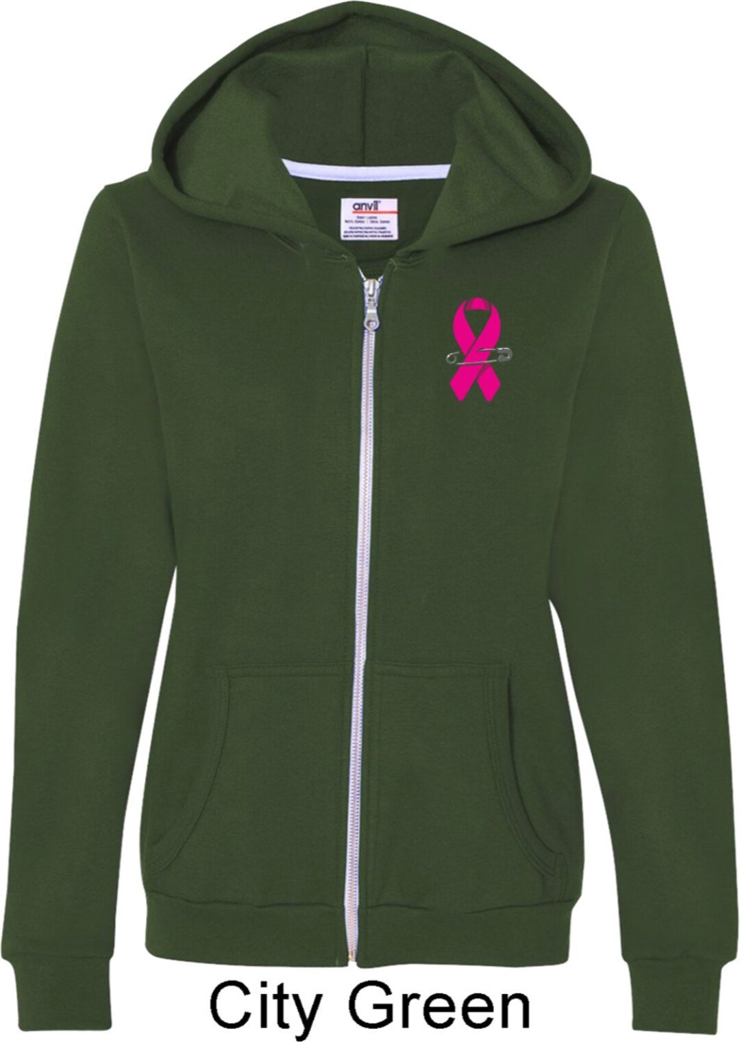 Pink Ribbon Pin Pocket Print Ladies Breast Cancer Awareness Full Zip ...
