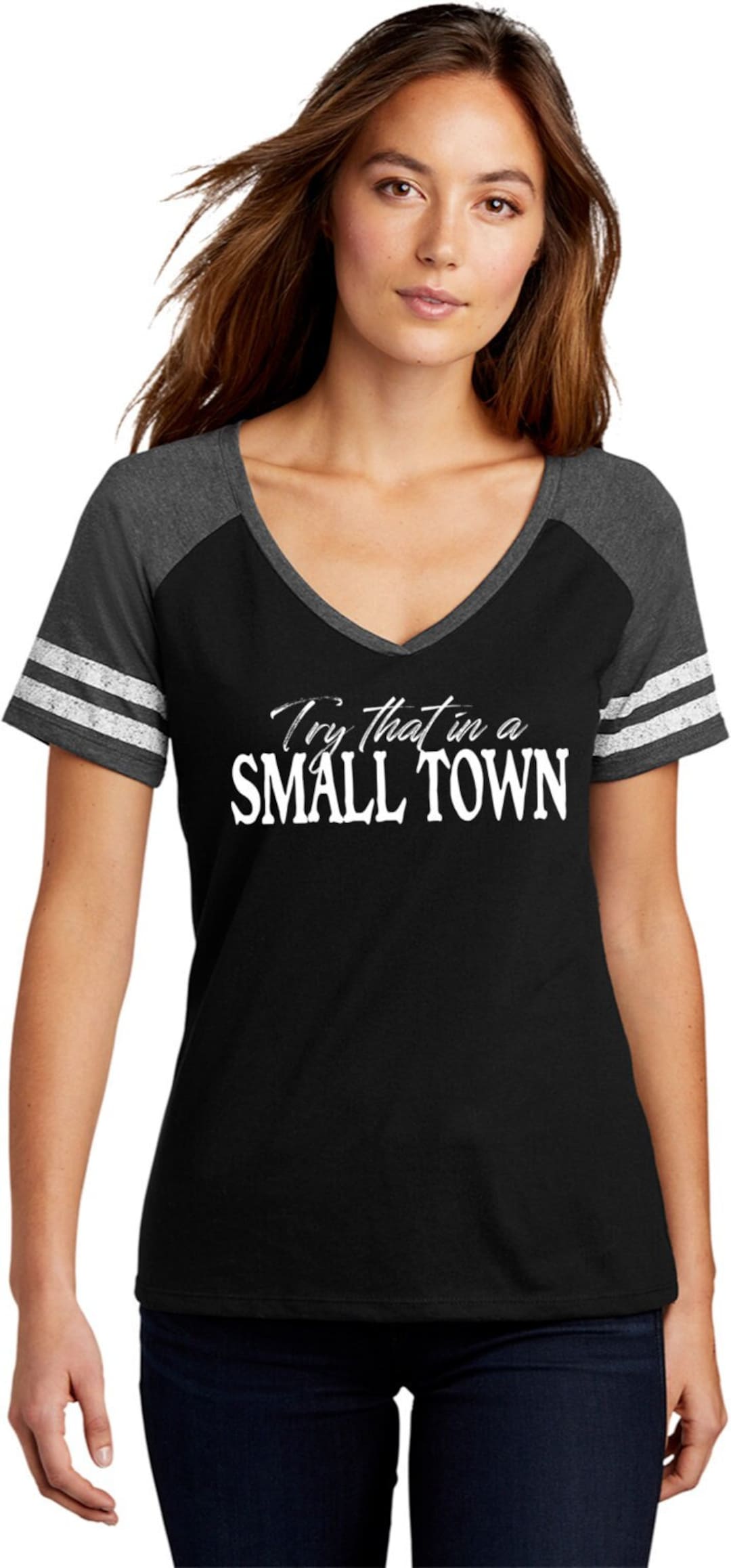 Distressed Try That in a Small Town Women’s Black/charcoal Game V-neck ...