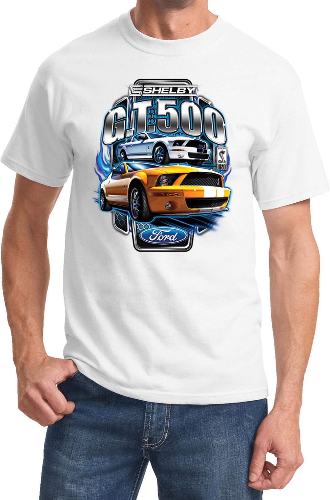 Ford Mustang Shelby Yellow & White GT500 Adult Unisex Ford Tee T-shirt ...
