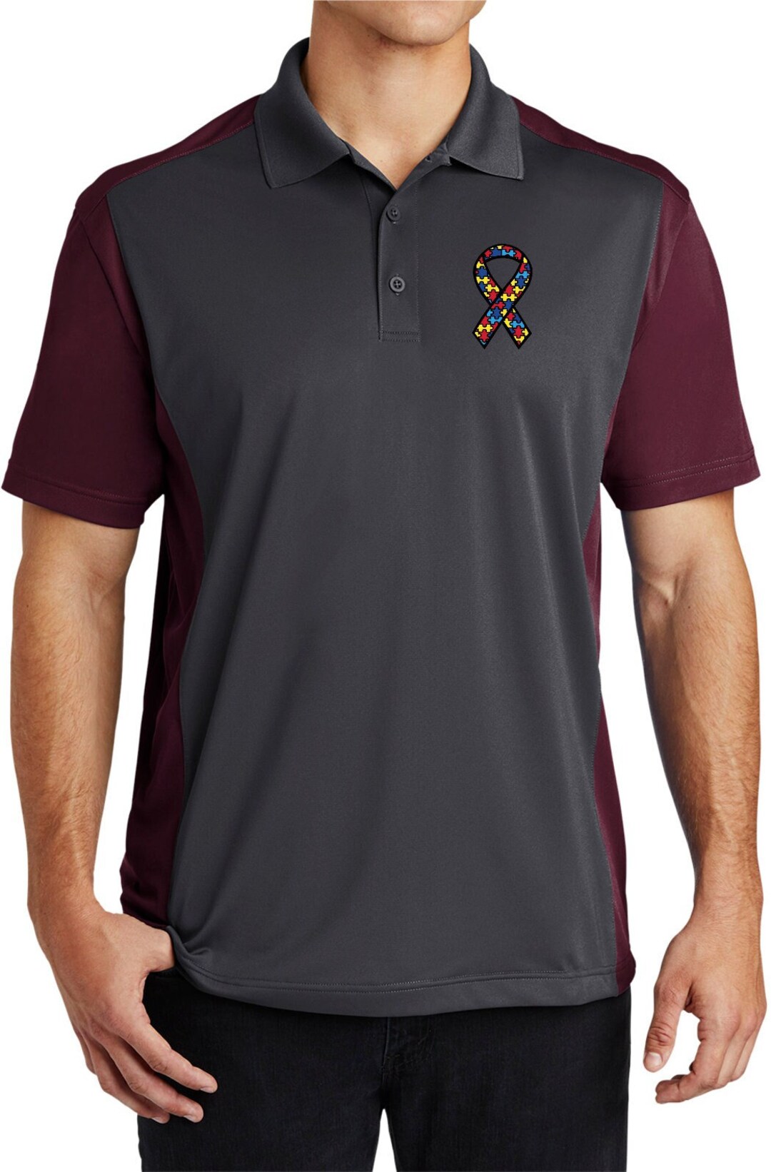 Autism Awareness Ribbon Patch Chest Print Men's Colorblock Micropique ...