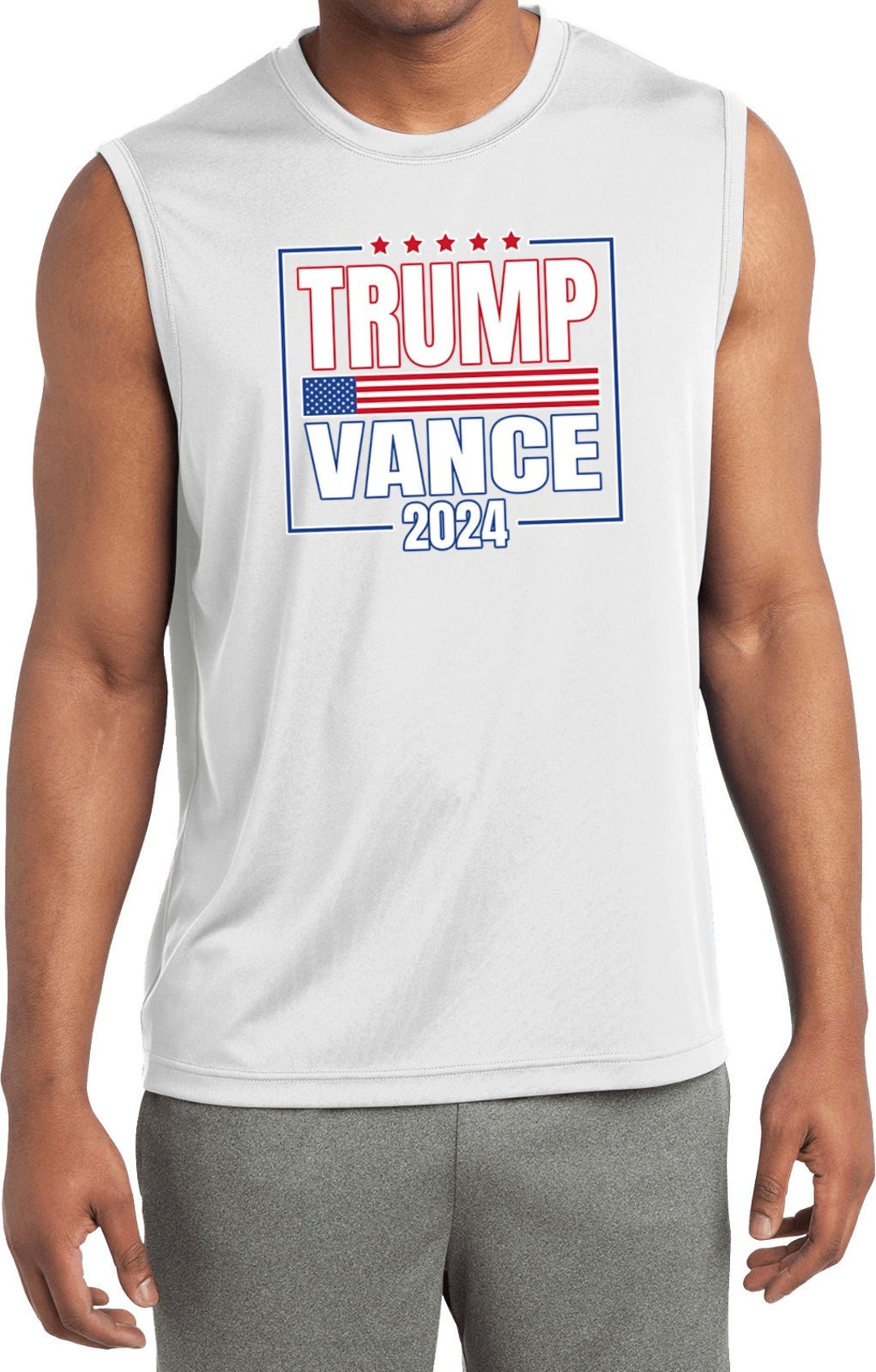 2024 Donald Trump Vance U.S. Flag Men's Sleeveless Moisture Wicking Tee ...