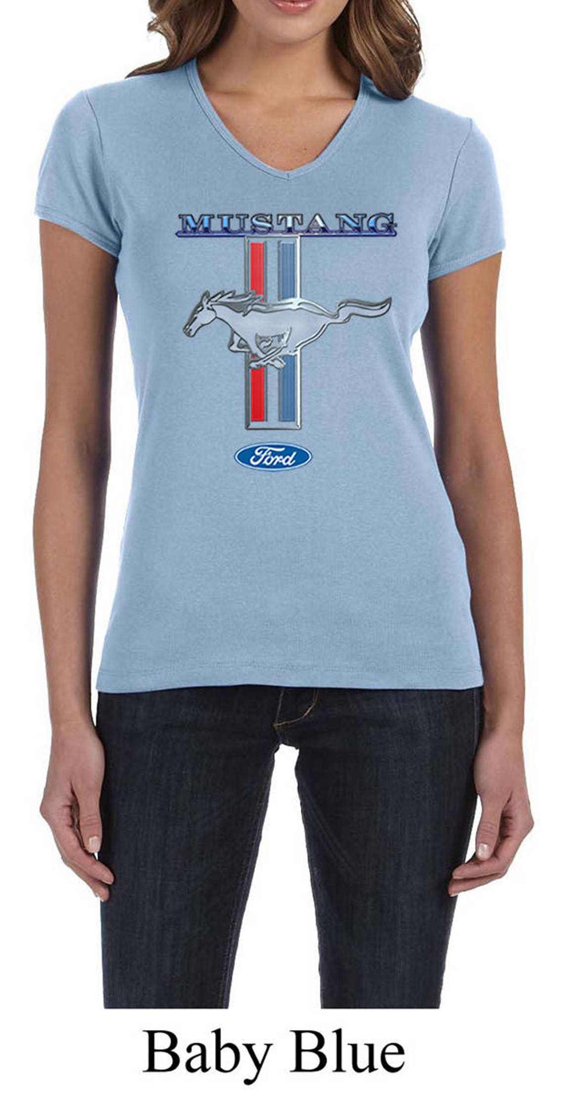Ladies Ford Mustang Shirt Mustang Stripe V-neck Tee T-shirt 13732D1 ...