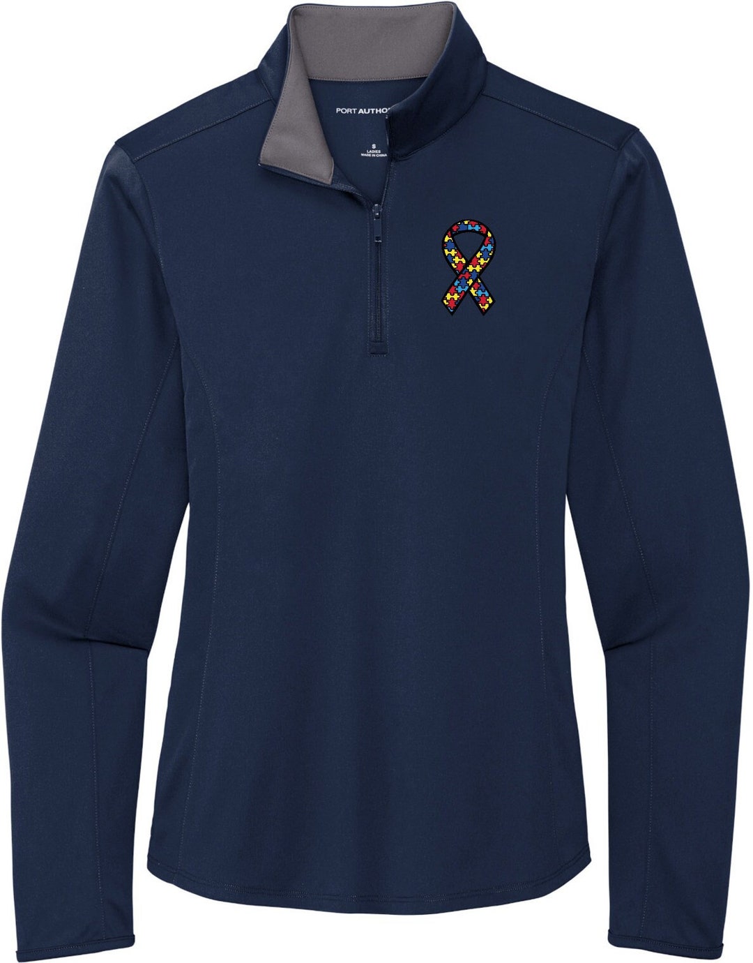 Autism Awareness Ribbon Chest Print Ladies Silk Touch Performance 1/4 ...