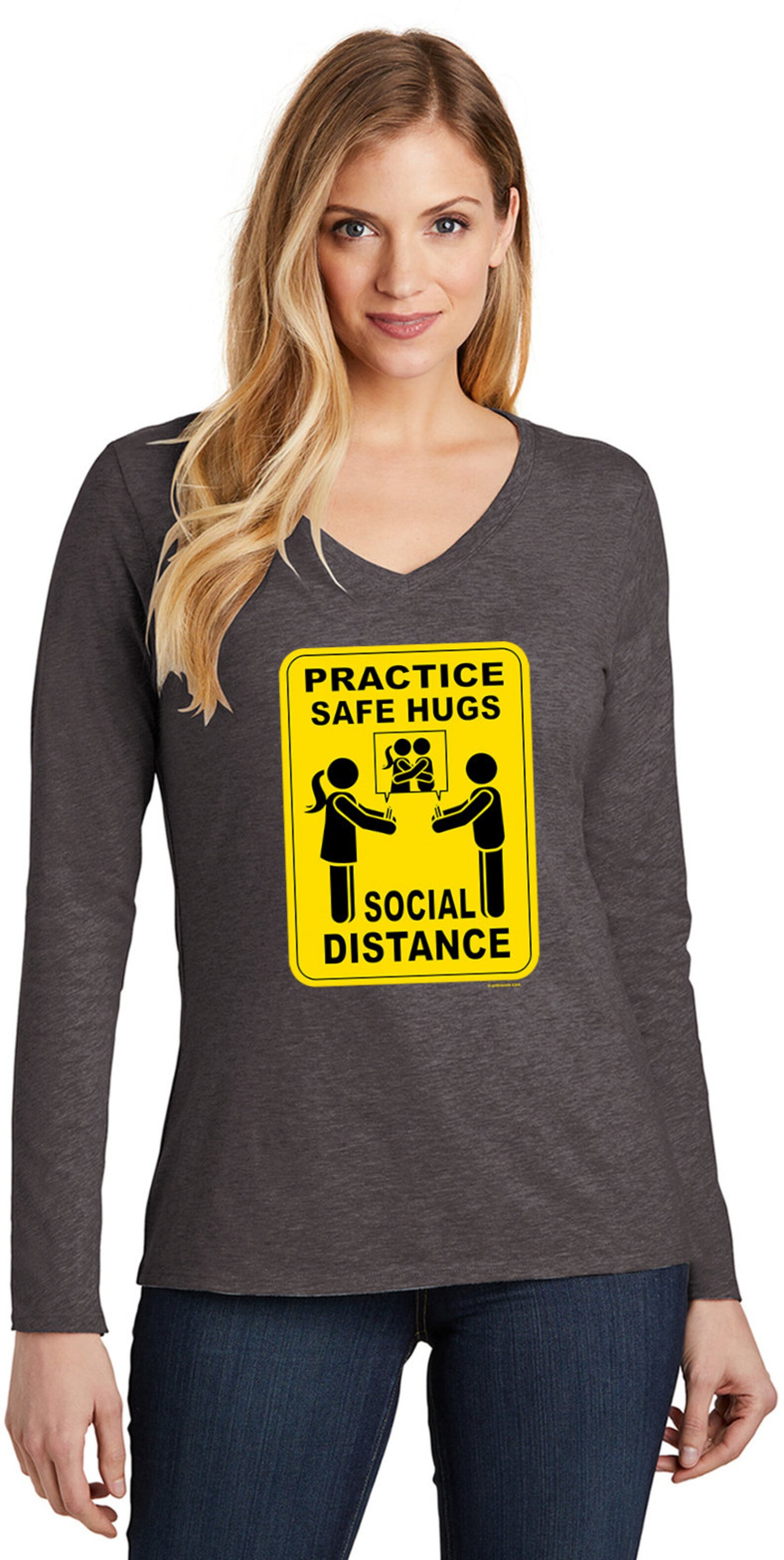 Practice Safe Hugs Social Distancing Women's Long Sleeve V-neck T-shirt ...