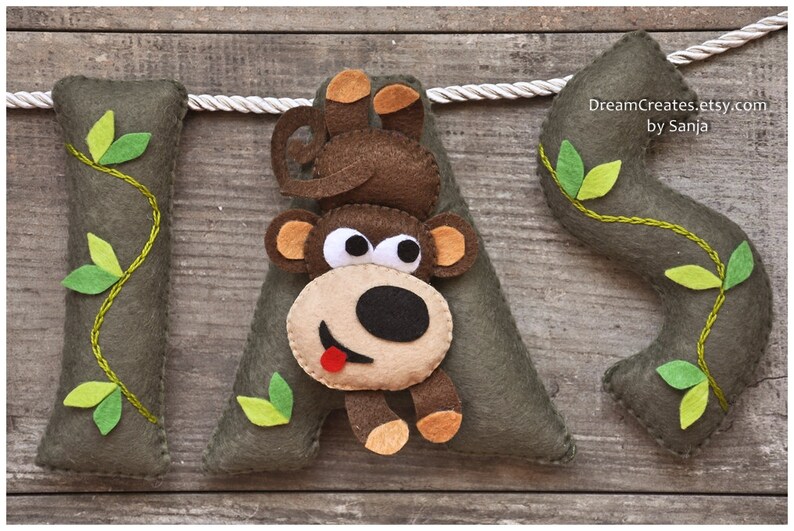 Felt Monkey Name Banner, Jungle Nursery Decor, Personalized Baby Gift ...