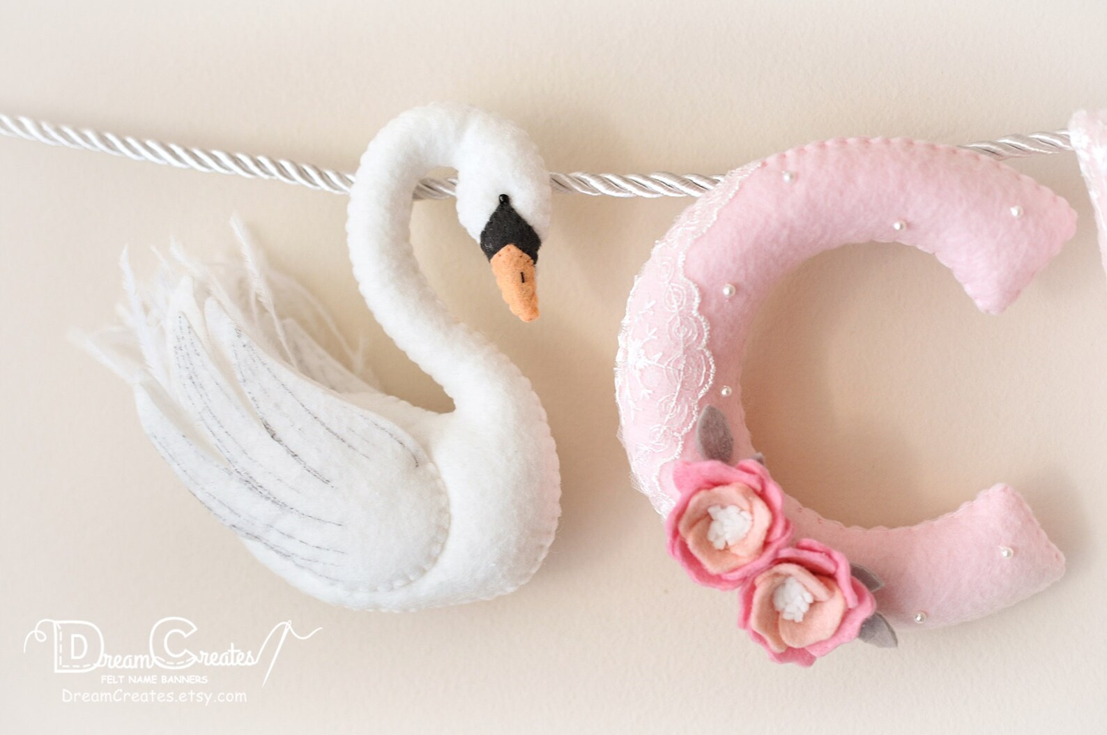 Baby Name Sign, Swan Nursery Decor, Felt Name Banner, Baby Shower Gift ...