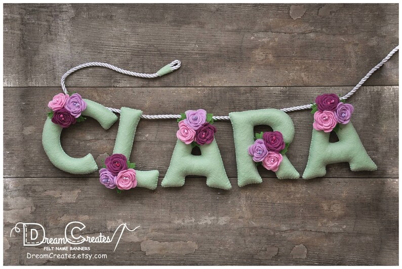 Felt Name Banner Mint Green Purple Pink Flowers Nursery - Etsy