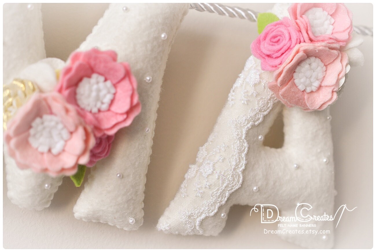 Baby name sign nursery decor felt name banner Lace Pearls | Etsy