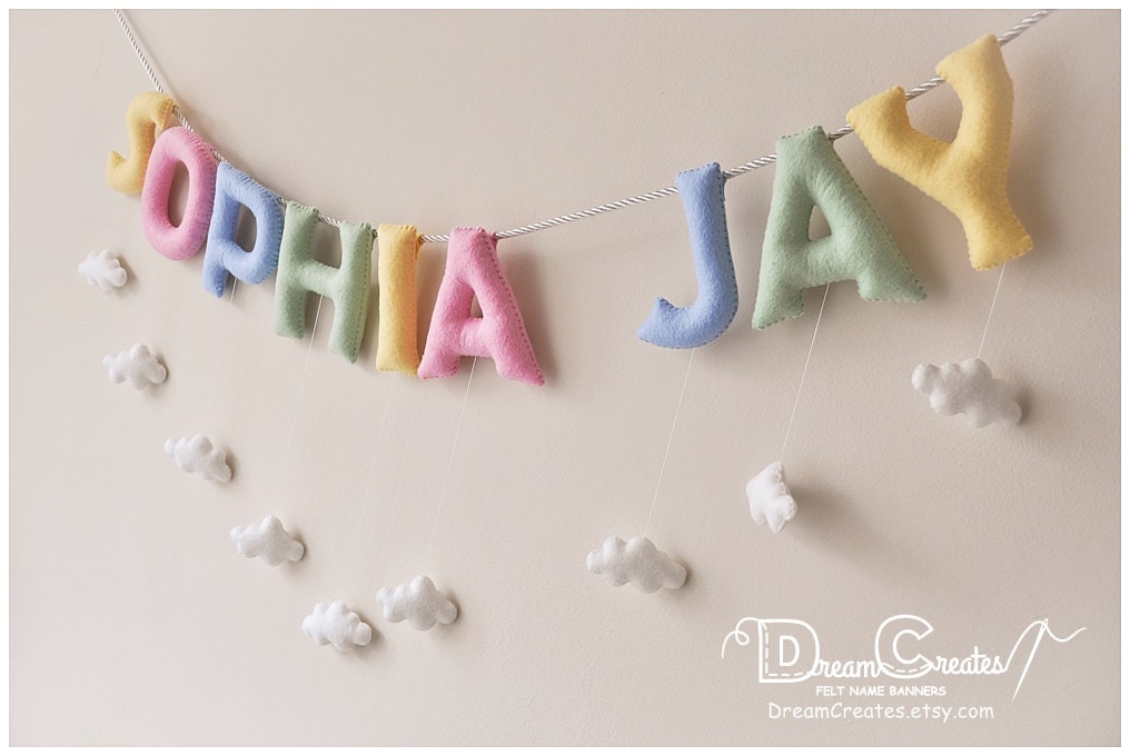 Felt Name Banner Colorful Nursery Decor With Clouds - Etsy