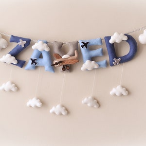 Baby Name Sign, Airplane and Clouds Nursery Decor, Felt Name Banner ...