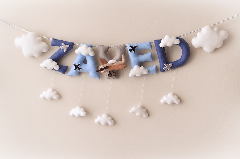 Baby Name Sign Airplane and Clouds Nursery Decor Felt Name - Etsy