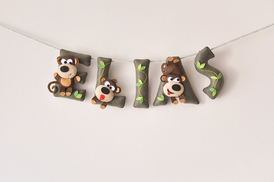 Felt Monkey Name Banner, Jungle Nursery Decor, Personalized Baby Gift ...