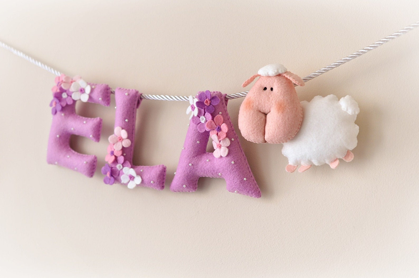 Nursery Decor Baby Name Sign Sheep Floral Decor Felt Name | Etsy
