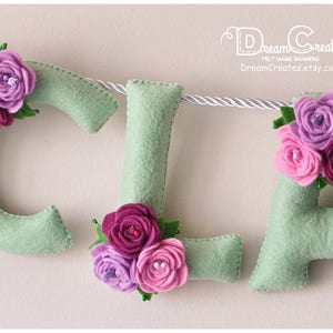 Felt Name Banner, Mint Green Purple Pink Flowers, Nursery Decor ...