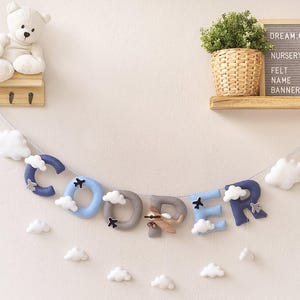 Baby Name Sign, Airplane and Clouds Nursery Decor, Felt Name Banner ...