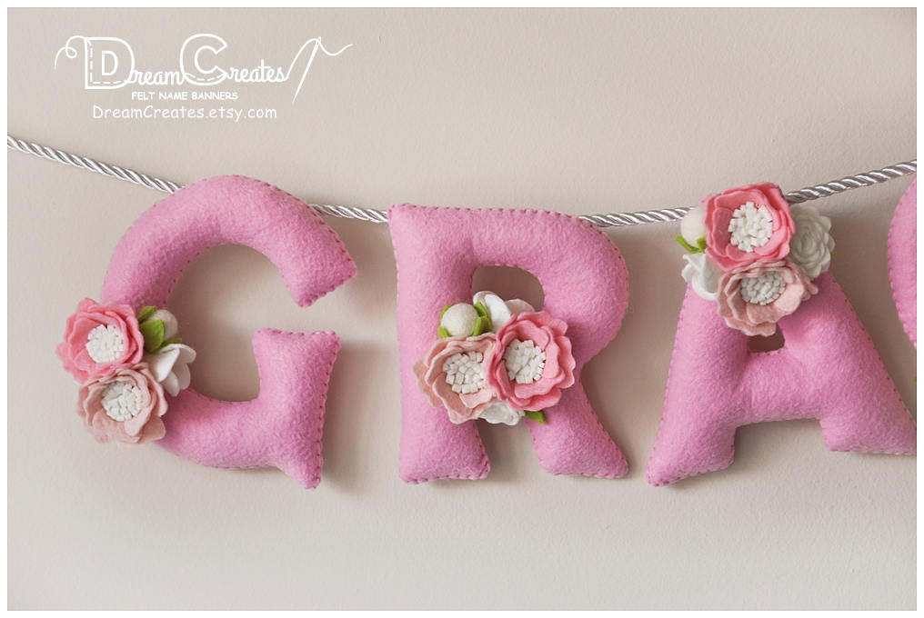 Felt Name Banner Pink Bouquet Banner Floral Nursery Decor | Etsy