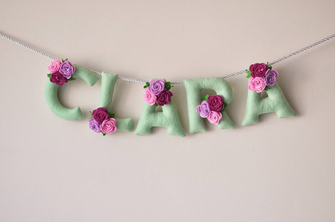 Felt Name Banner Mint Green Purple Pink Flowers Nursery - Etsy