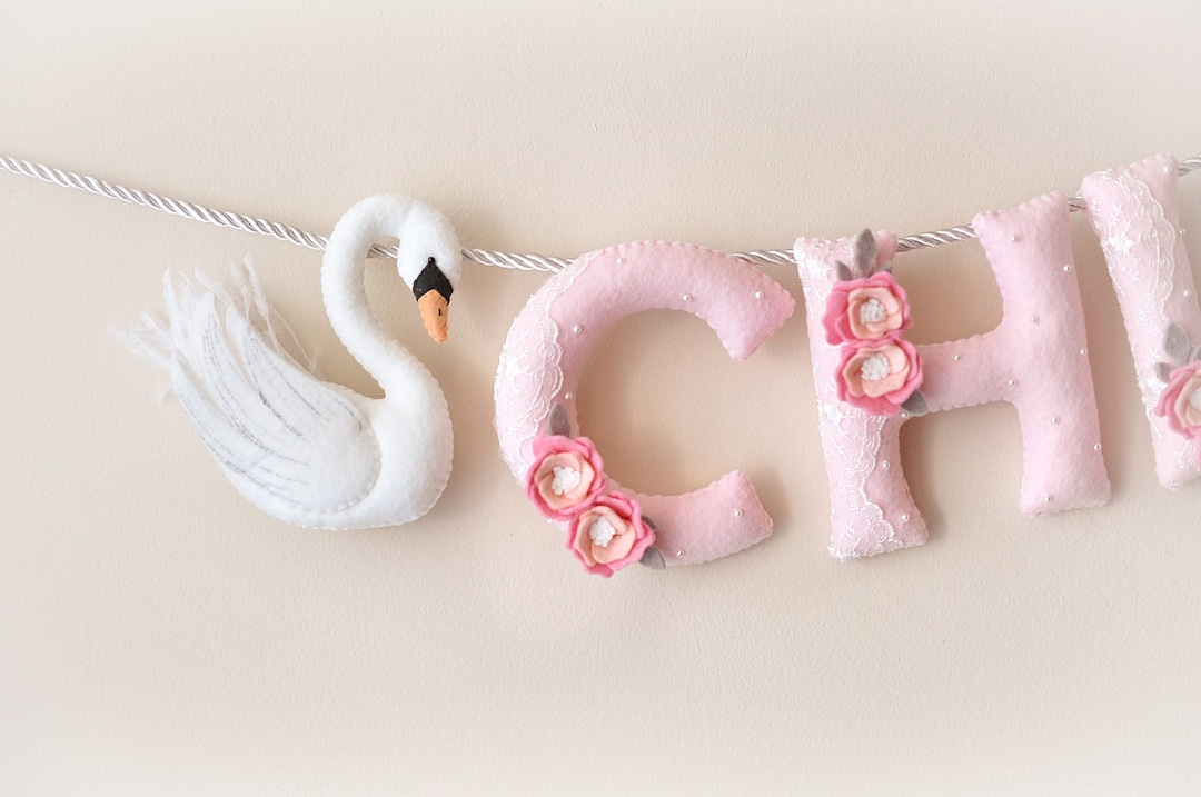 Baby Name Sign, Swan Nursery Decor, Felt Name Banner, Baby Shower Gift ...