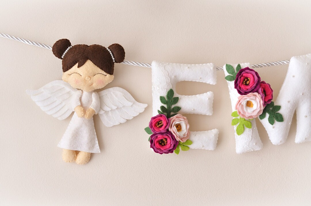 Baby Name Sign, Angel Nursery Decor, Felt Name Banner, Baby Shower Gift ...
