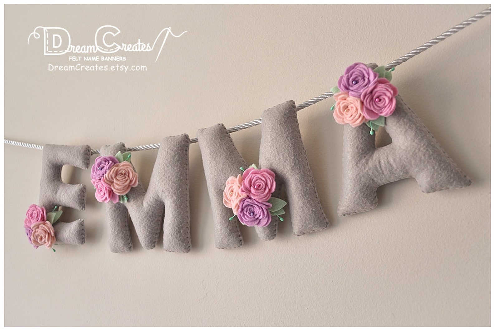 Felt name banner Gray Pastel flowers floral nursery decor | Etsy