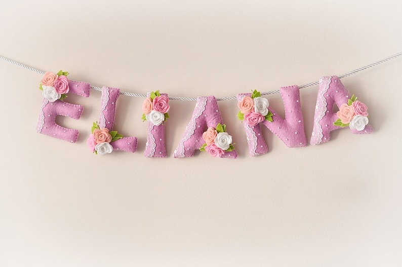 Baby name sign Pastel flowers Lace Pearls felt name banner | Etsy