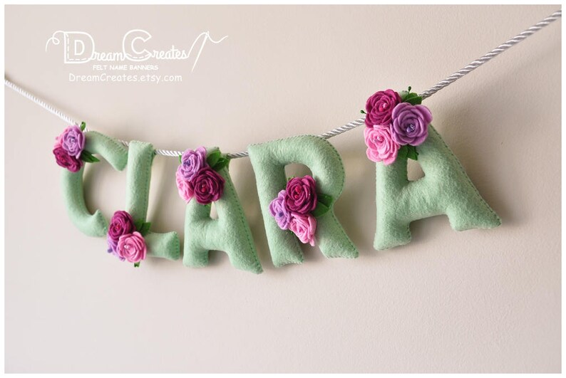 Felt Name Banner Mint Green Purple Pink Flowers Nursery - Etsy