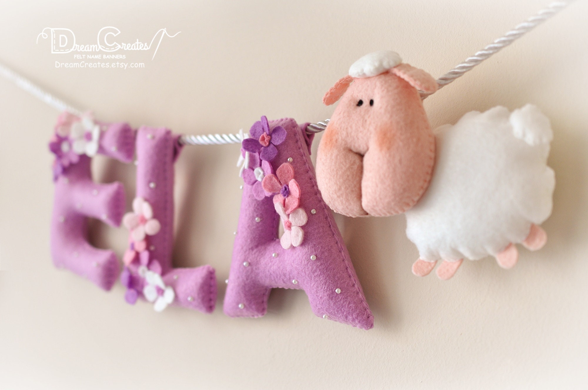 Nursery decor baby name sign Sheep floral decor felt name | Etsy