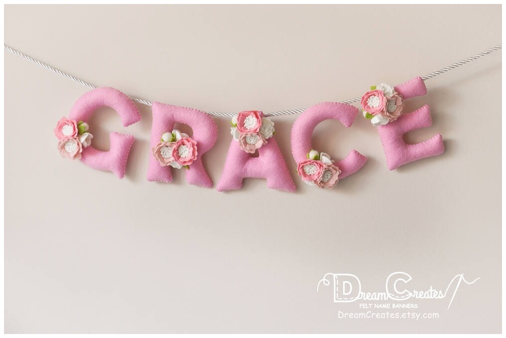 Felt Name Banner Pink Bouquet Banner Floral Nursery Decor | Etsy