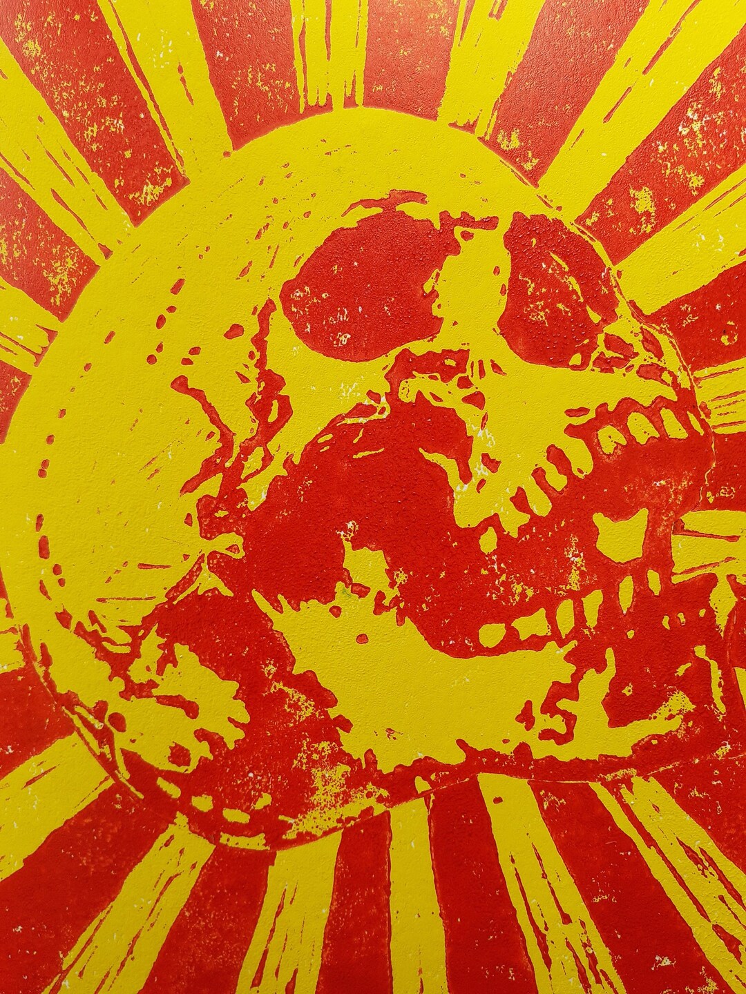 Yellow and Red Skull Print, Skull Lino Print, Skull Lino Cut, Pop Punk ...