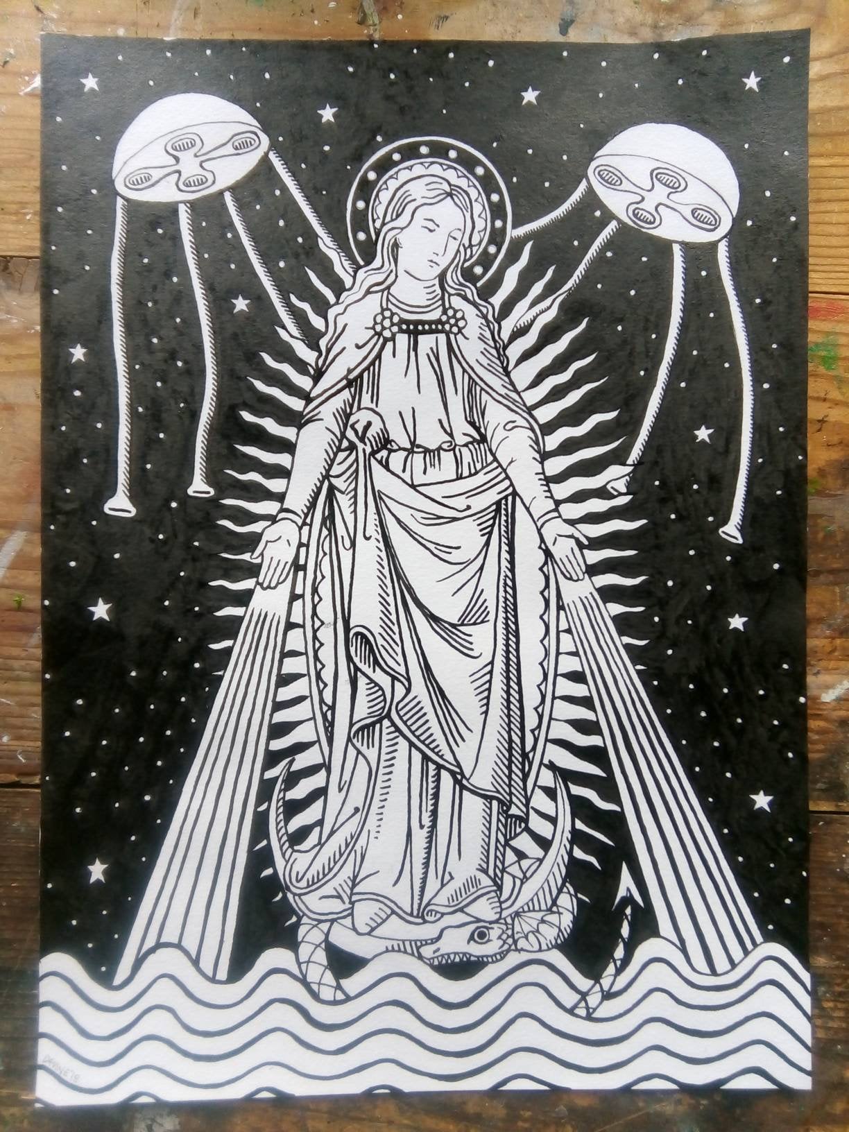 Gothic Virgin Mary Original Pen and Ink. With Added Aliens - Etsy