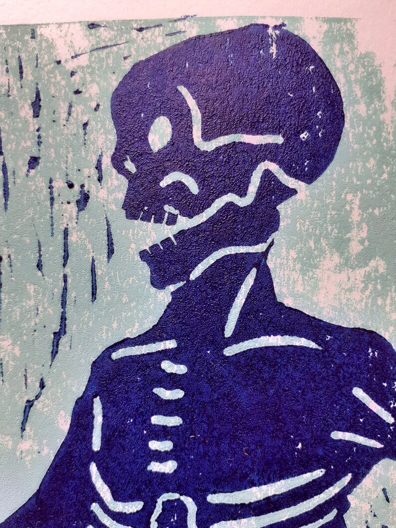A4 BLUE DANCING SKELETONS Skeleton Lino Cut Skeleton Lino - Etsy