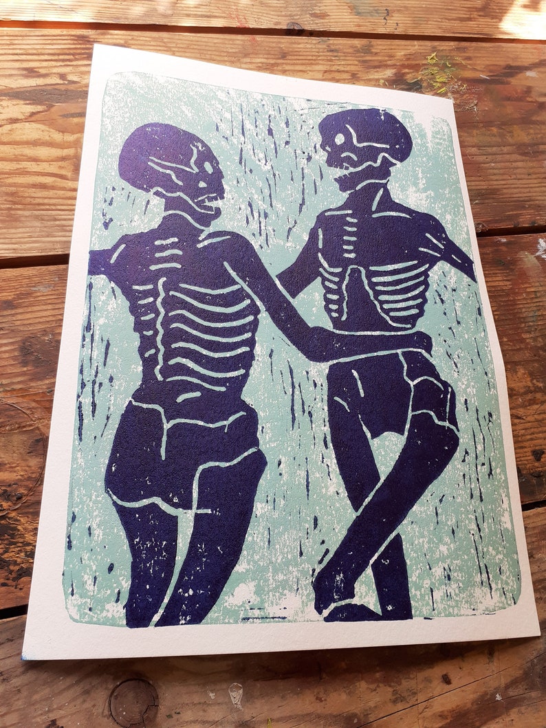 A4 BLUE DANCING SKELETONS Skeleton Lino Cut Skeleton Lino | Etsy