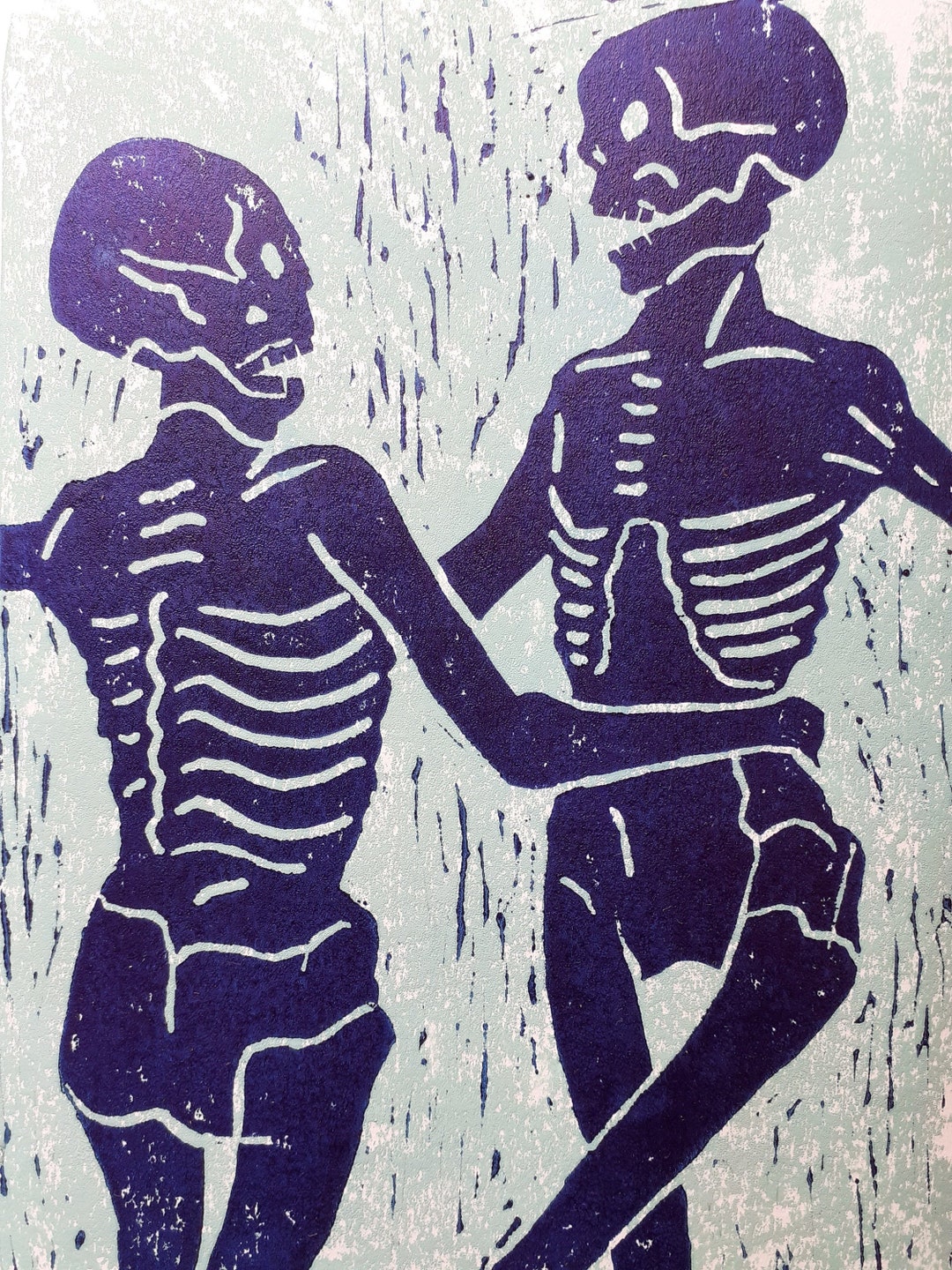 A4 BLUE DANCING SKELETONS Skeleton Lino Cut Skeleton Lino - Etsy