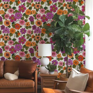 Colorful Preppy Floral Mural, Funky Flower Peel and Stick Wallpaper ...