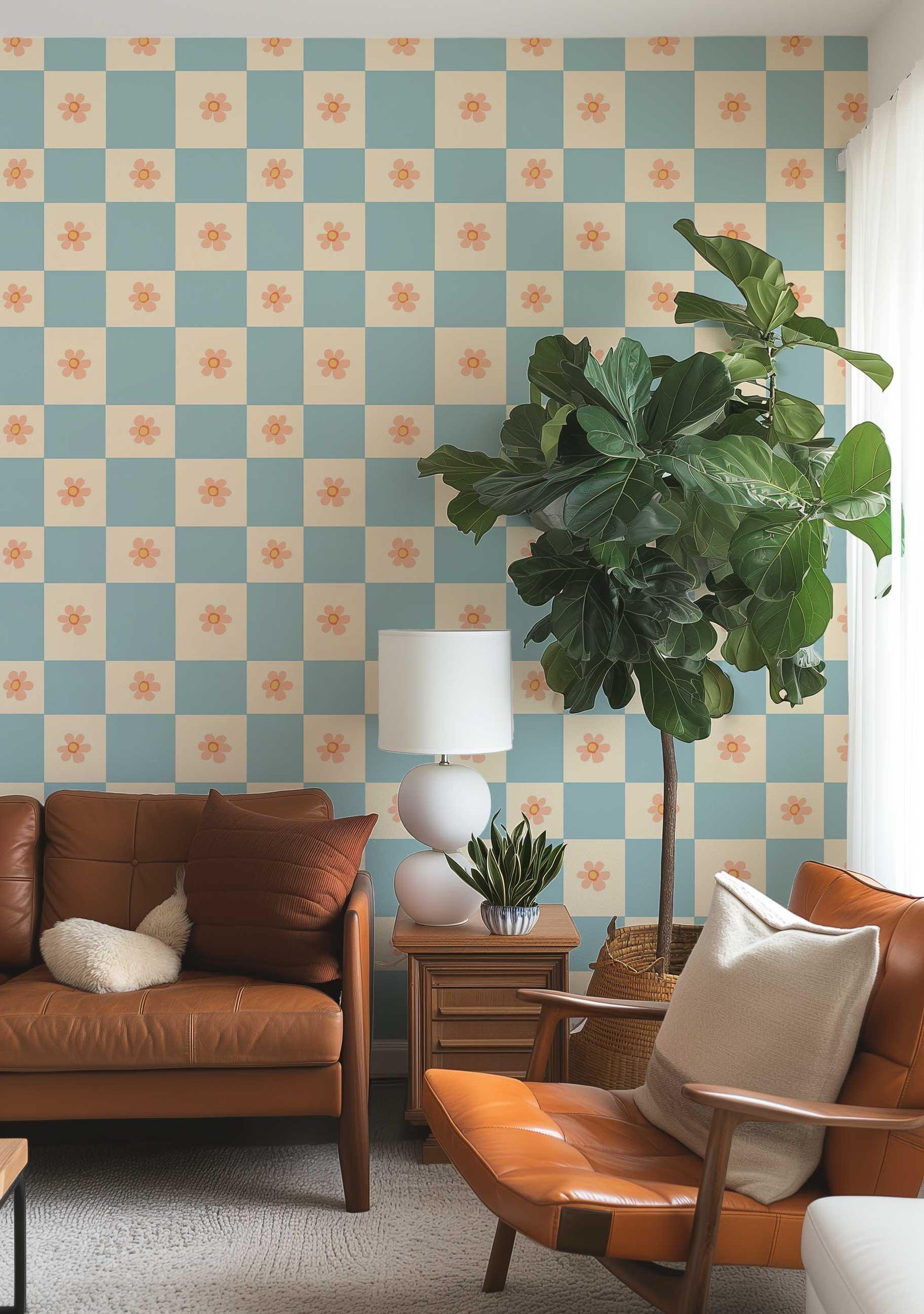 Preppy Checkered Mural, Floral Peel and Stick Wallpaper, Gingham Funky ...