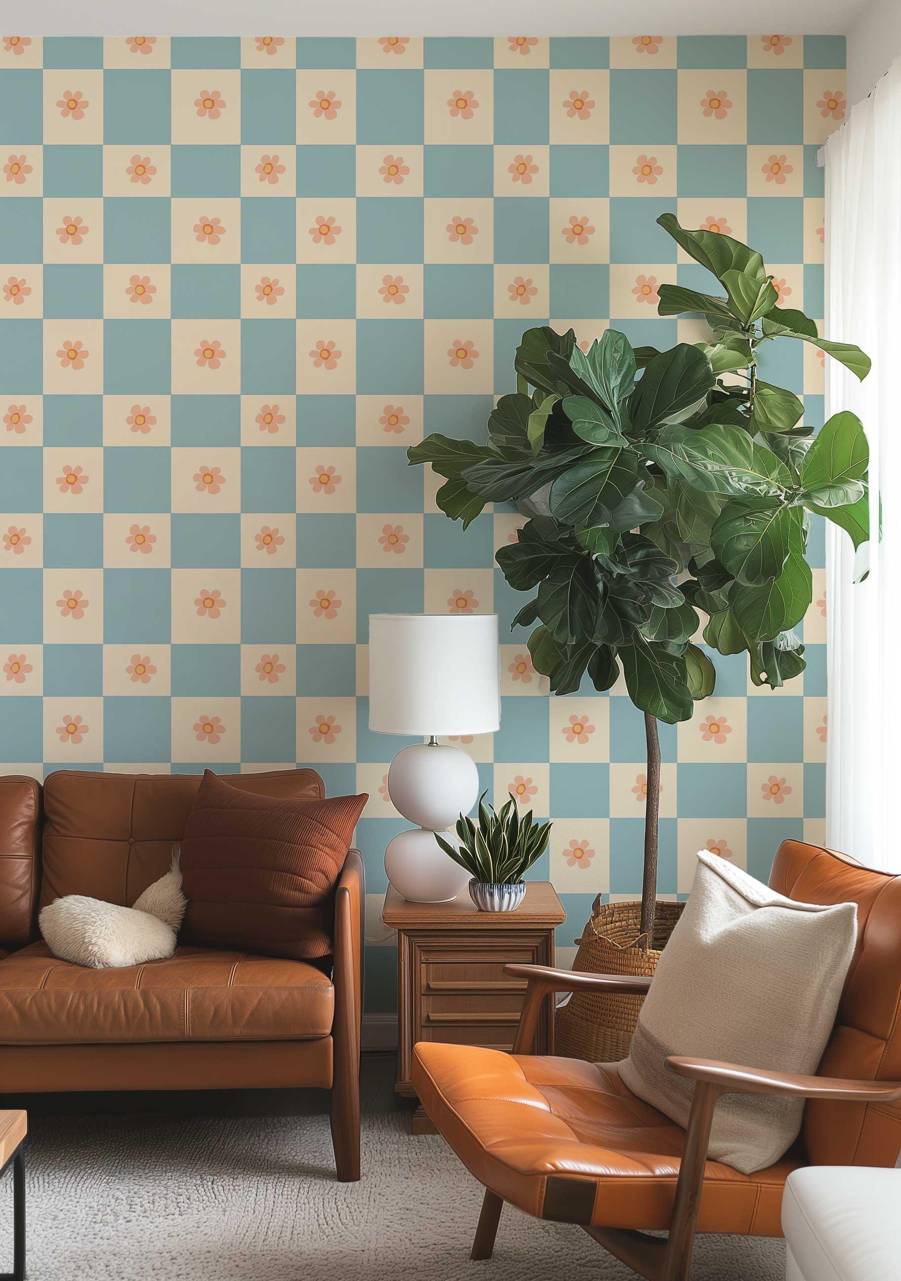 Preppy Checkered Mural, Floral Peel and Stick Wallpaper, Gingham Funky ...