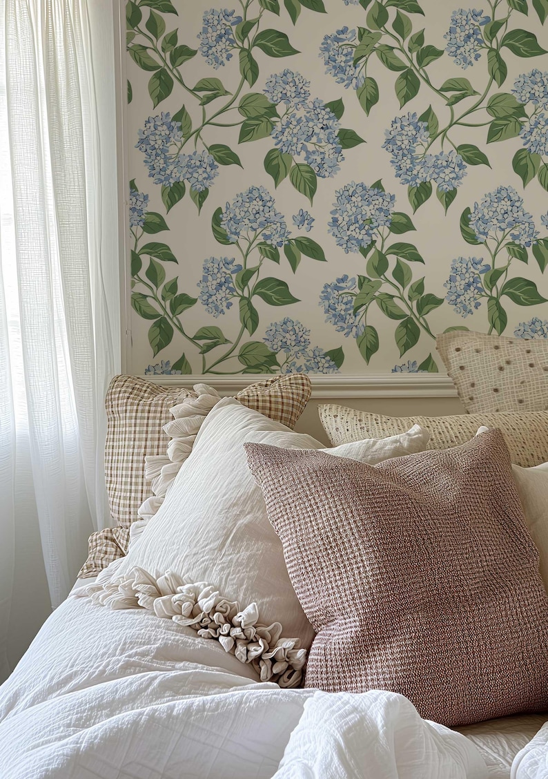 Hydrangea Peel and Stick Wallpaper | Removable Blue Floral Wall Mural ...